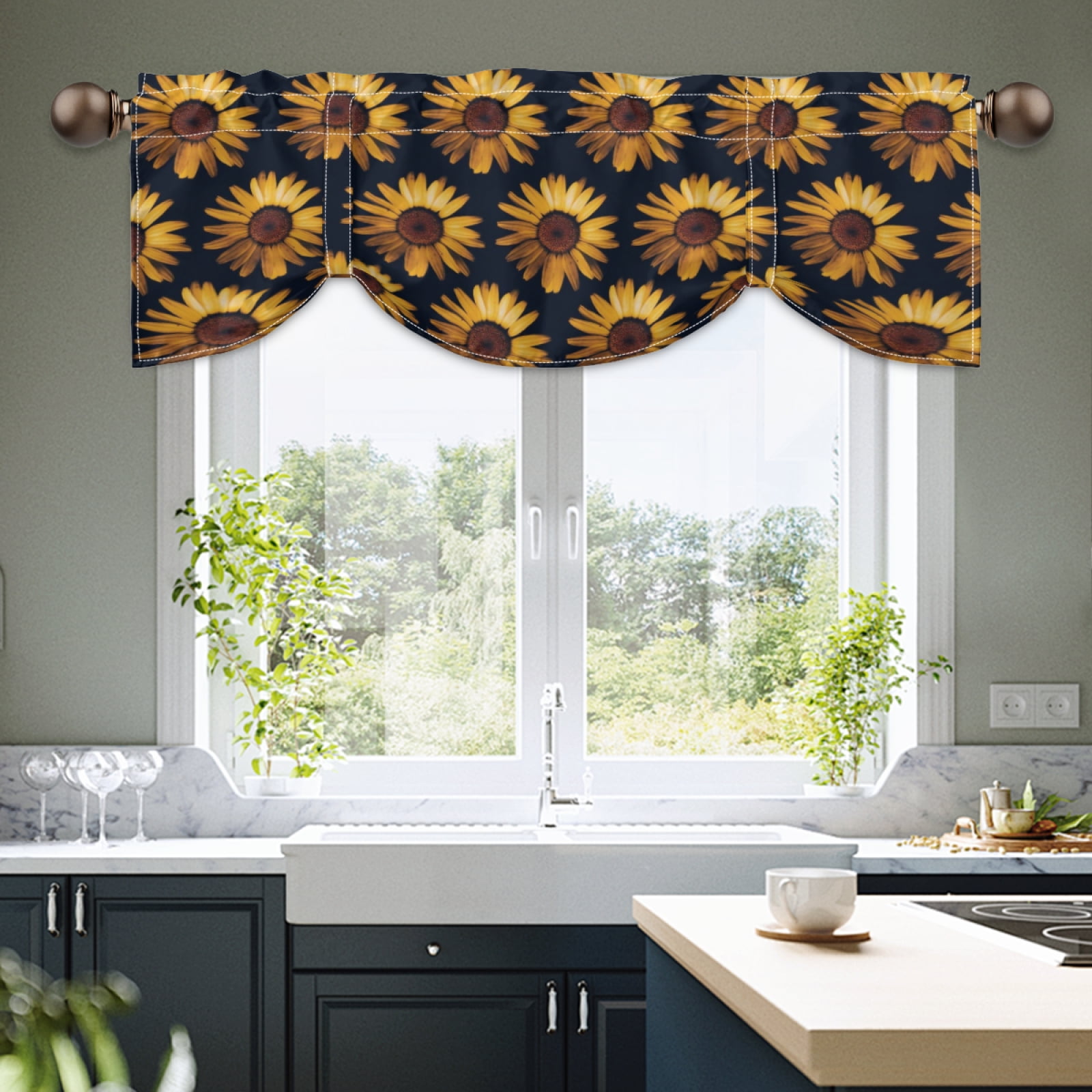 Black Sunflower Short Window Curtain Adjustable Tie Up Valance Short ...