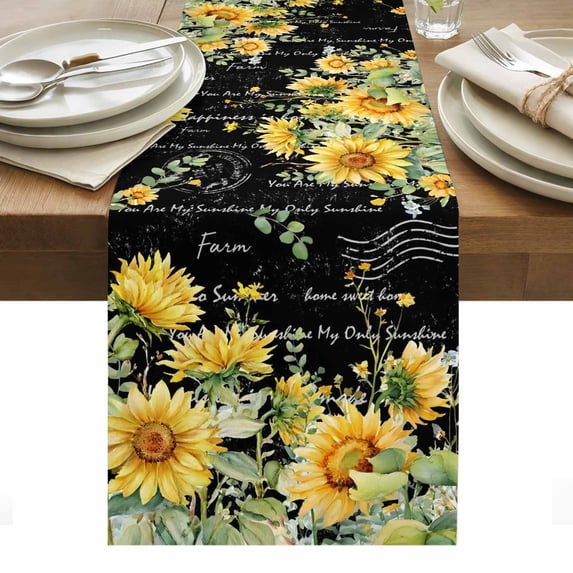 Black Sunflower Table Runner Summer Eucalyptus Botanical Floral ...