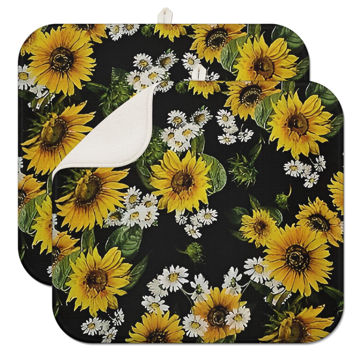 Black Sunflower White Daisy Pattern Dish Drying Mat for Kitchen 1 Pack ...