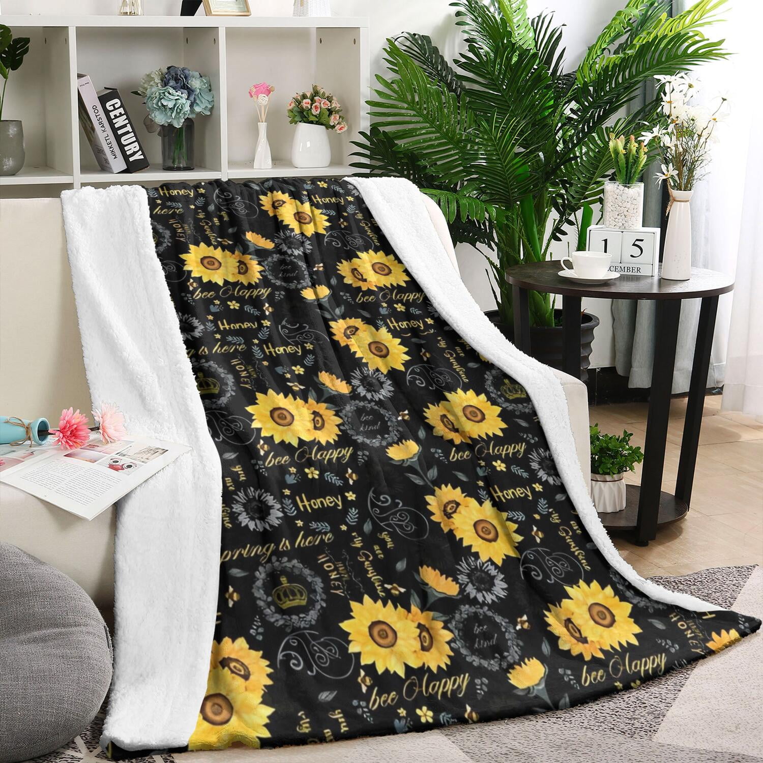 Black Sunflower Word Pattern Blanket,Comfortable Soft Lamb Wool Throw ...