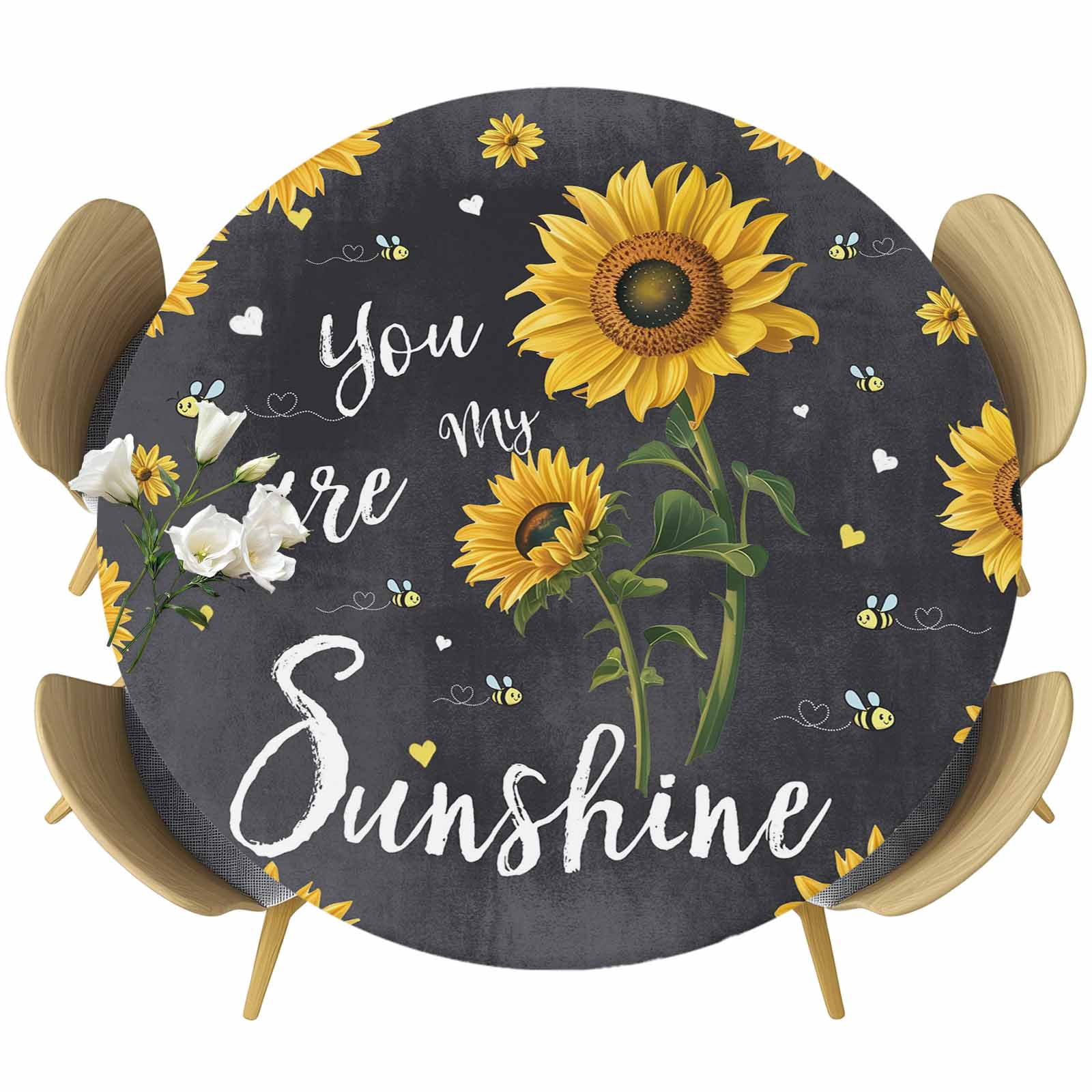 Black Sunflowers Round Tablecloth, Fitted Table Cover with Elastic for ...