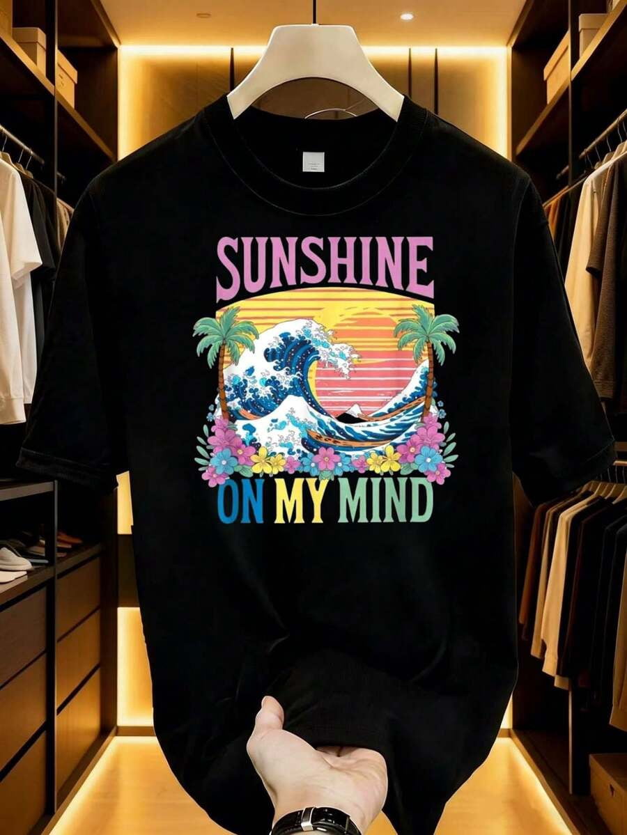 Black Sunshine On My Mind Graphic Tee - Beach Vibes Wave Print Casual ...