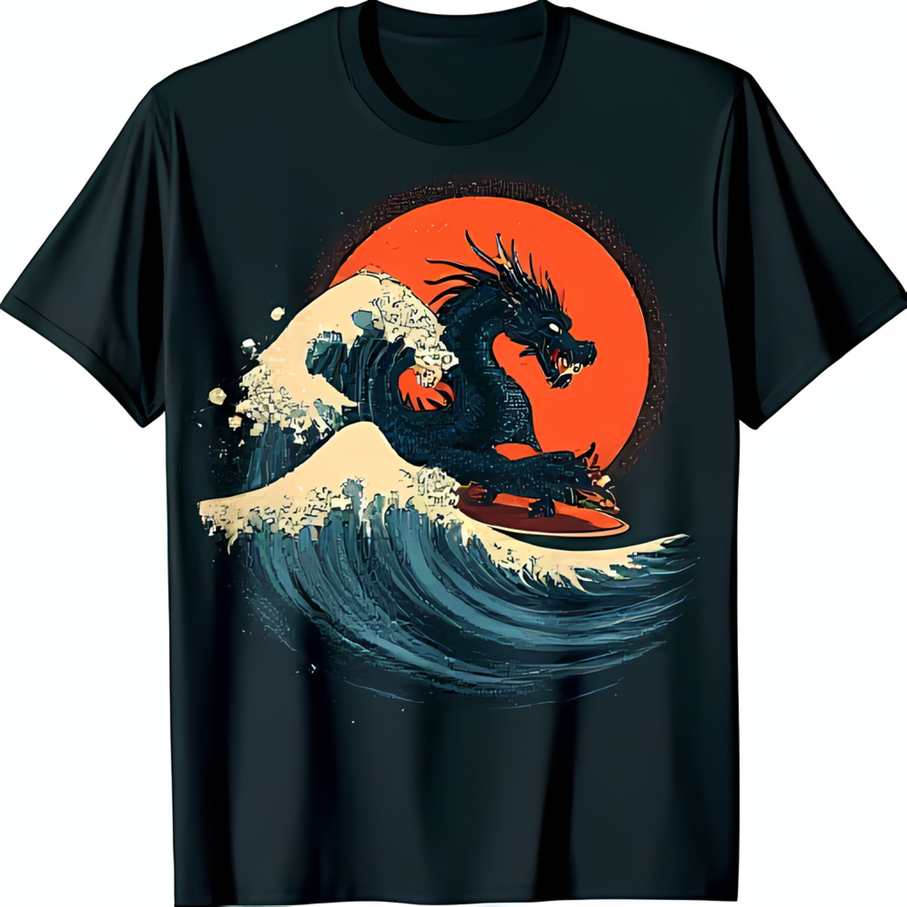 Black Surfing Wave Graphic T-Shirt Fiery Sunset Design Short Sleeve ...