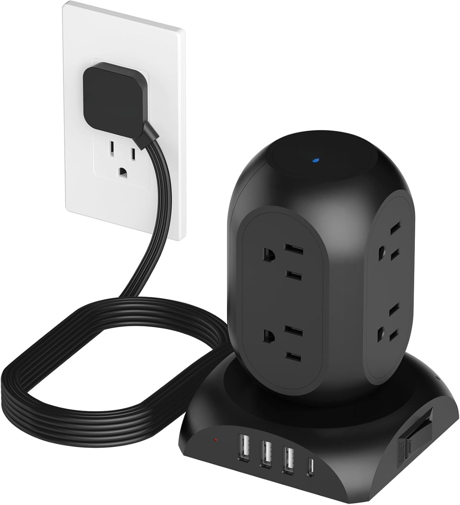 Black Surge Protector Power Strip Tower, Flat Plug Extension Cord 10Ft ...