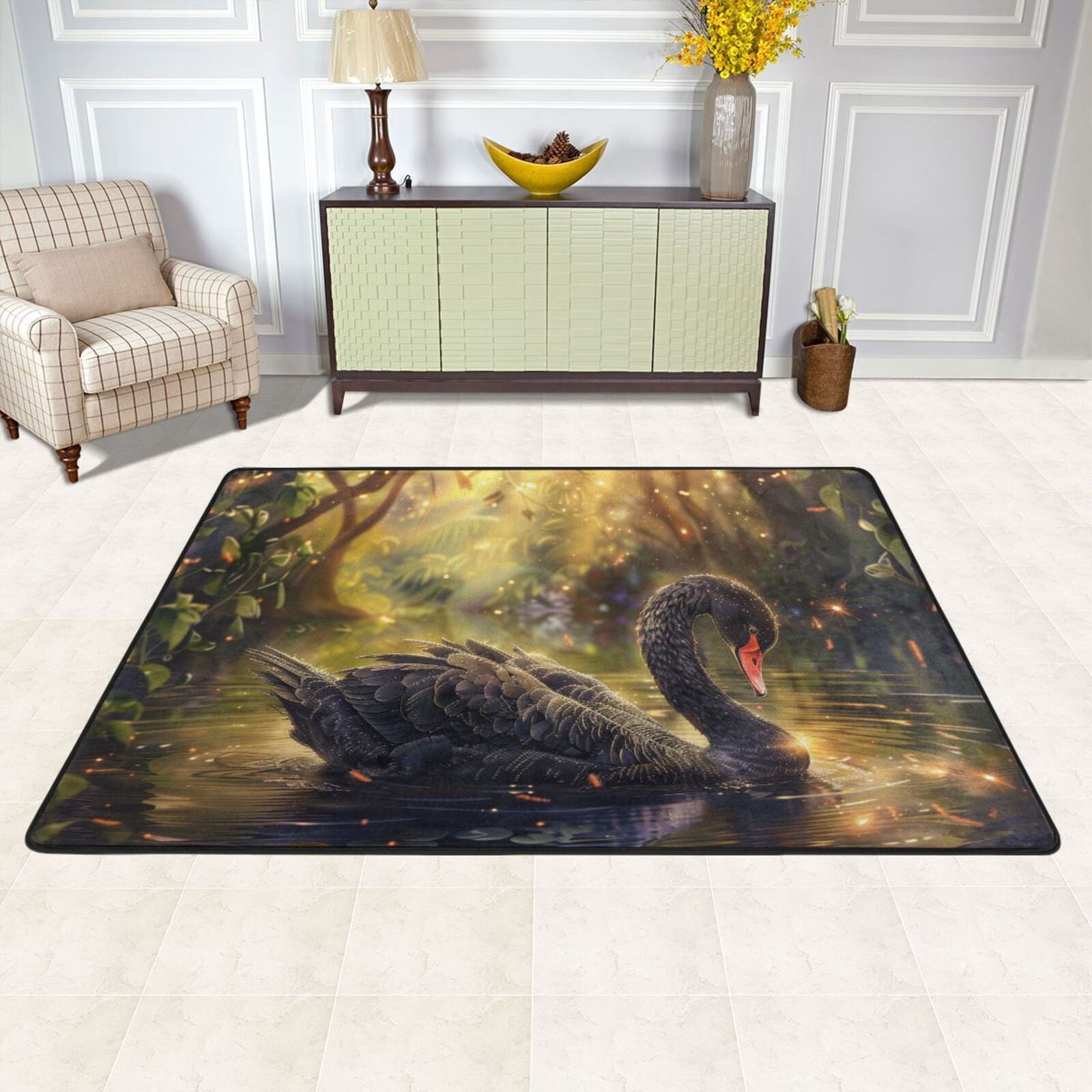 Black Swan Area Rug Washable 72 x 48 Floor Carpet Mat Non Slip for ...
