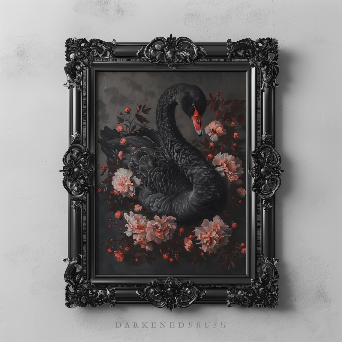 Black Swan Botanical Art, Dark Floral Gothic Bird Art Print, Unframed ...