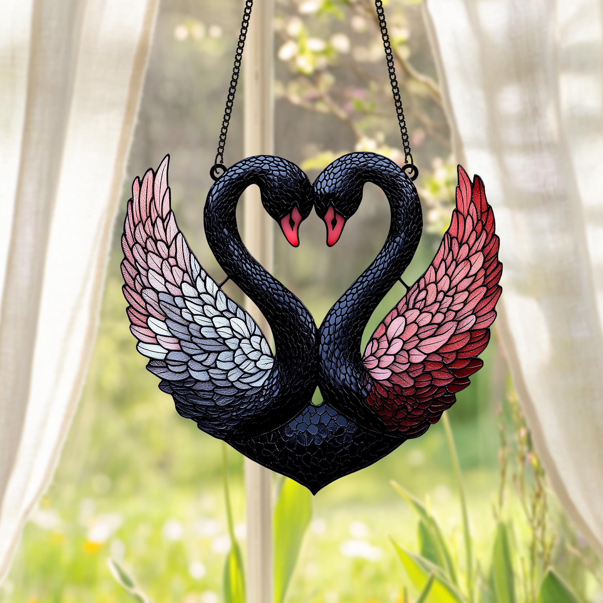 Black Swan Couple Acrylic Suncatcher, Faux Stained Glass Bird Window ...