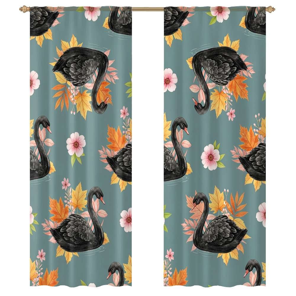 Black Swan Floral Pattern Sheer Window Curtains for Living Room Kitchen ...