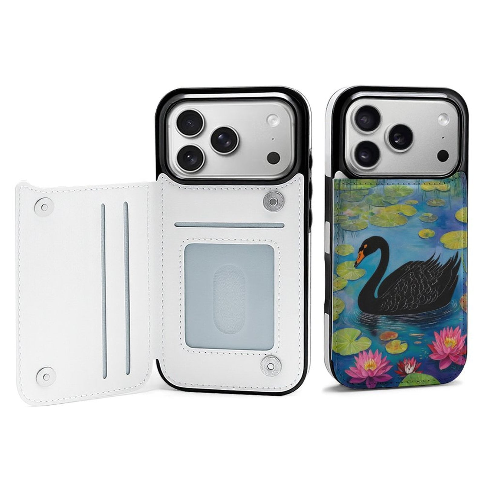 Black Swan Lotus Pond Leather Wallet Case for iPhone 17 Pro Max Wallet ...