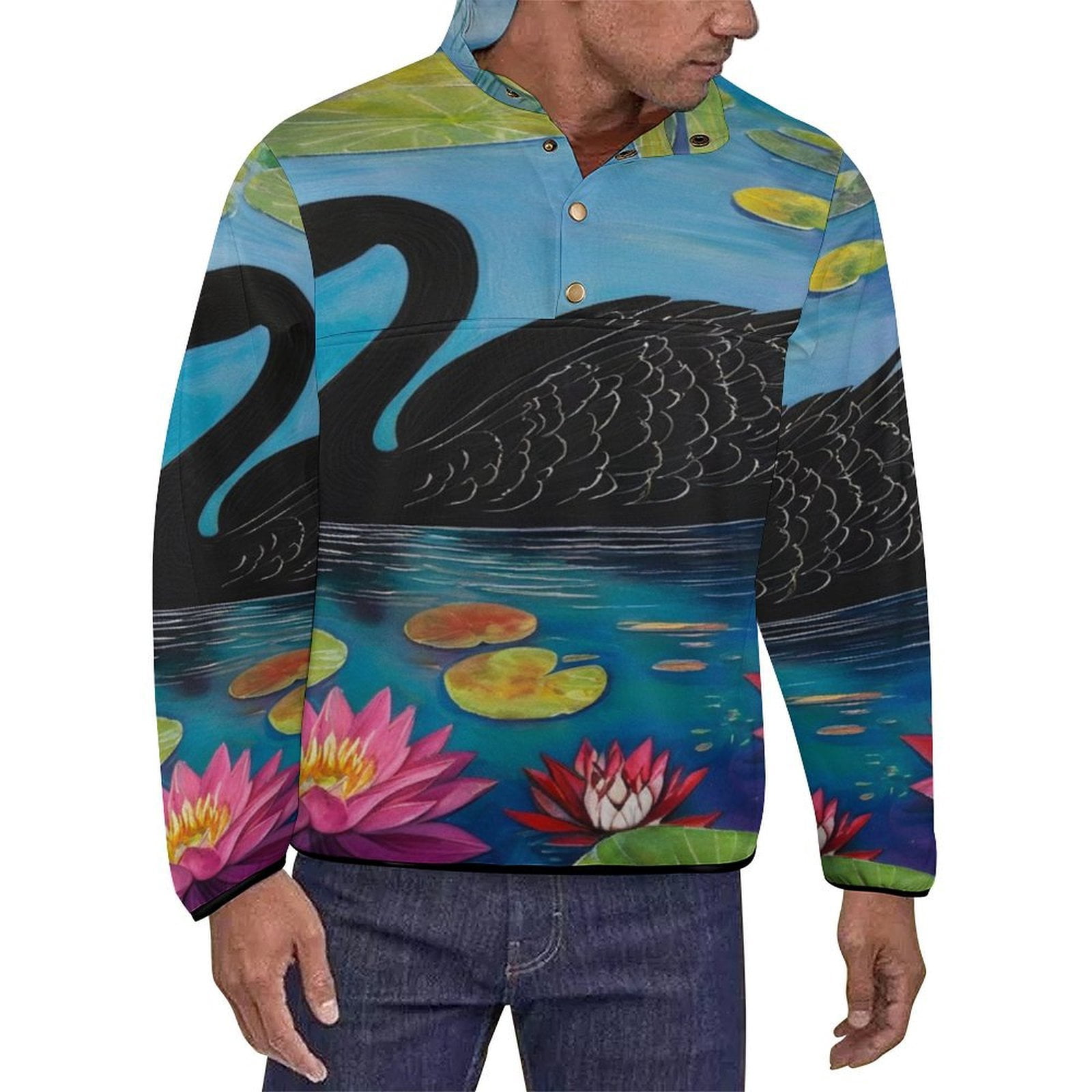 Black Swan Lotus Pond Men's Stand Collar Sweater Long Sleeve Clothing ...