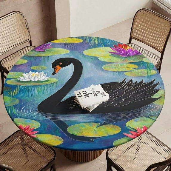 Black Swan Lotus Pond Round Table Cover Kitchen Printed Waterproof ...