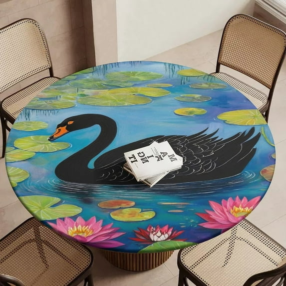 Black Swan Lotus Pond Round Table Cover Kitchen Printed Waterproof Tablecloth Elastic Edged ...