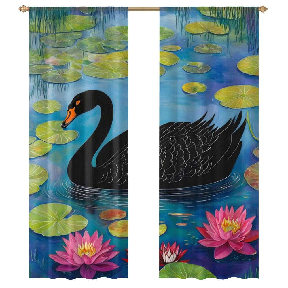 Black Swan Lotus Pond Sheer Voile Curtain Window Tulle Curtains For ...
