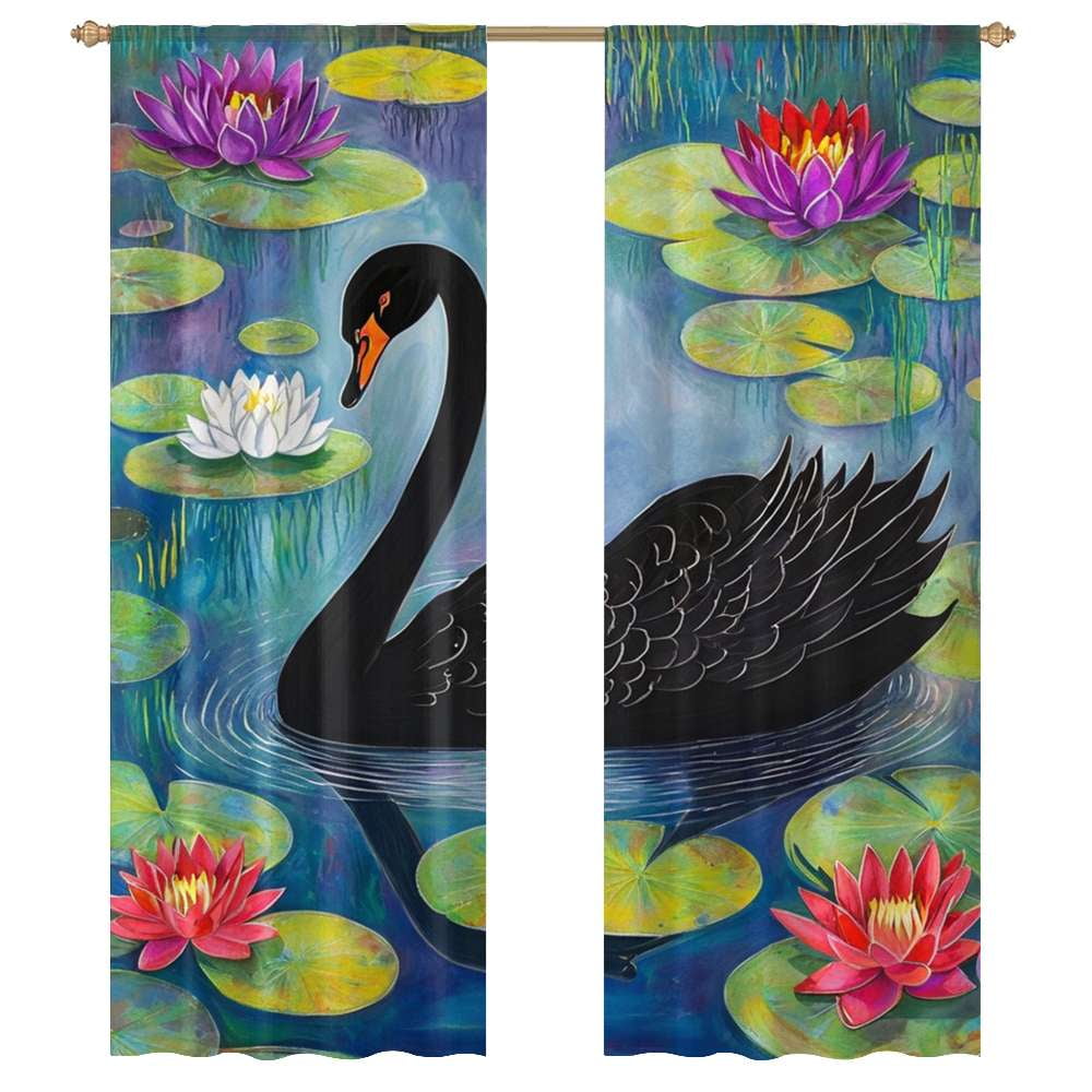 Black Swan Lotus Pond Tulle Curtains For Living Room Chiffon Sheer ...