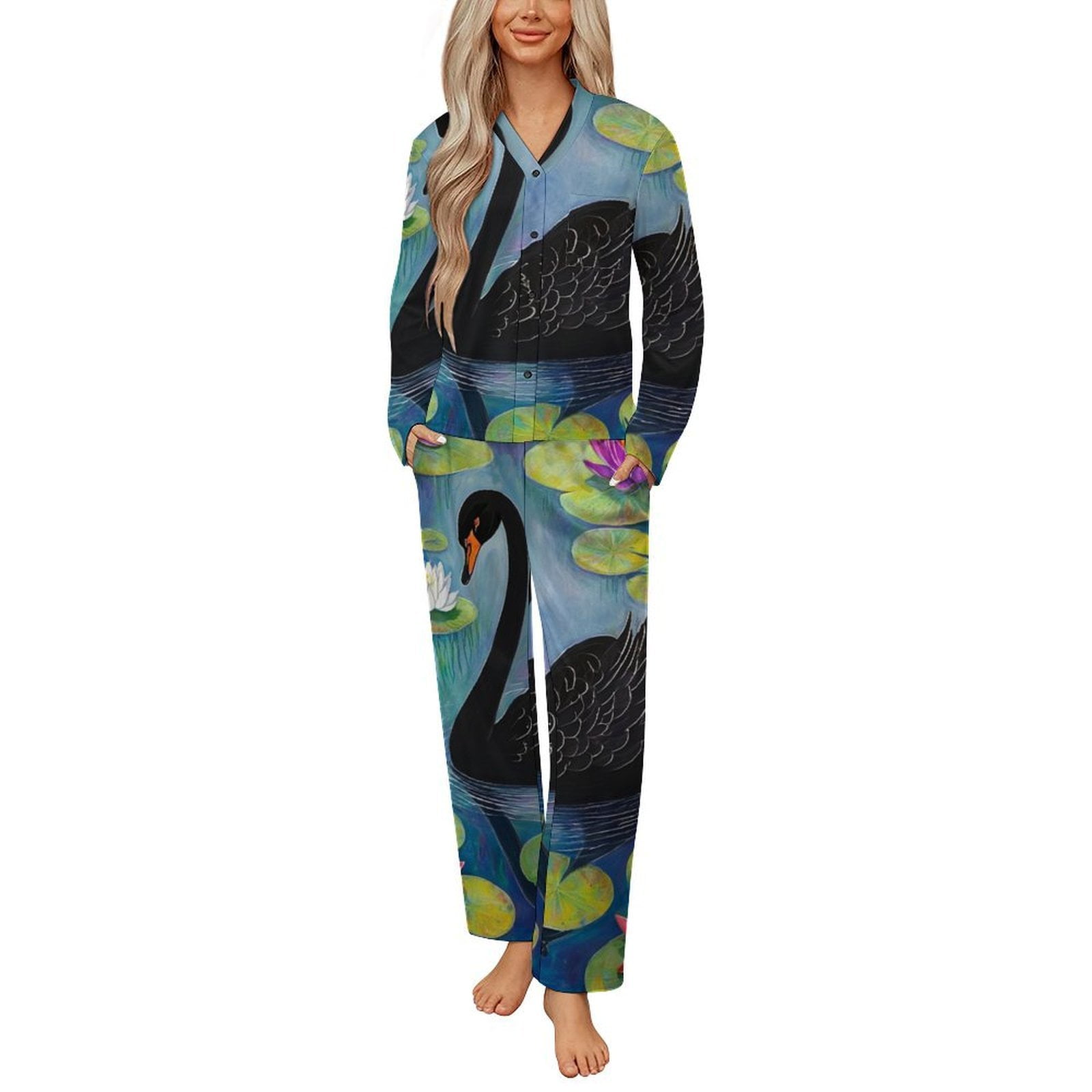 Black Swan Lotus Pond Womens Pyjamas Set Button Up Pyjamas Womens with ...