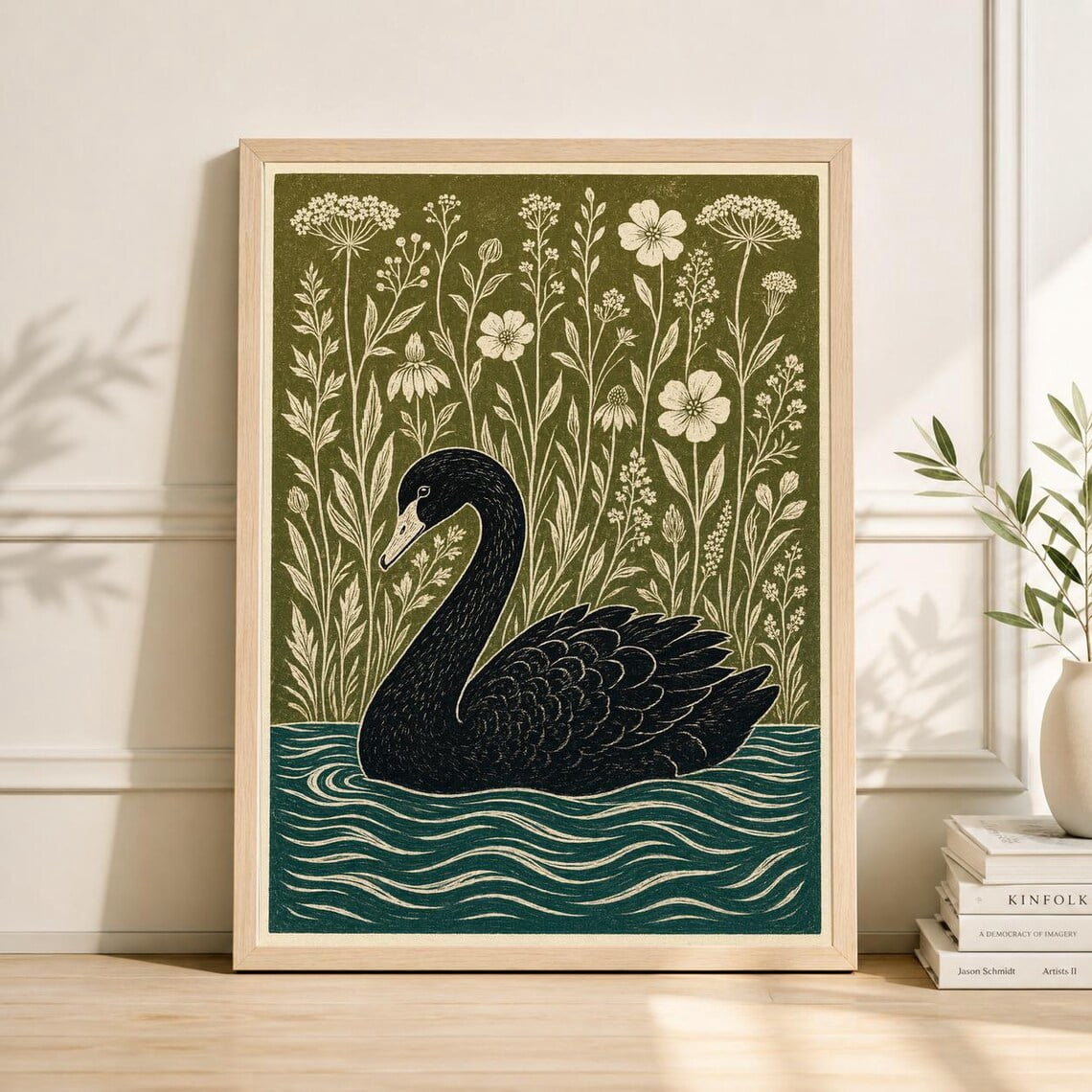 Black Swan River Poster, Green Linocut Style Bird Print, Unframed Paper ...