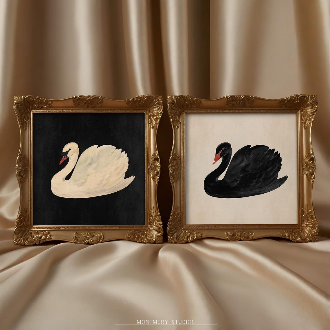 Black Swan and White Swan, Muted Vintage Swan Print Posters, Neutral ...