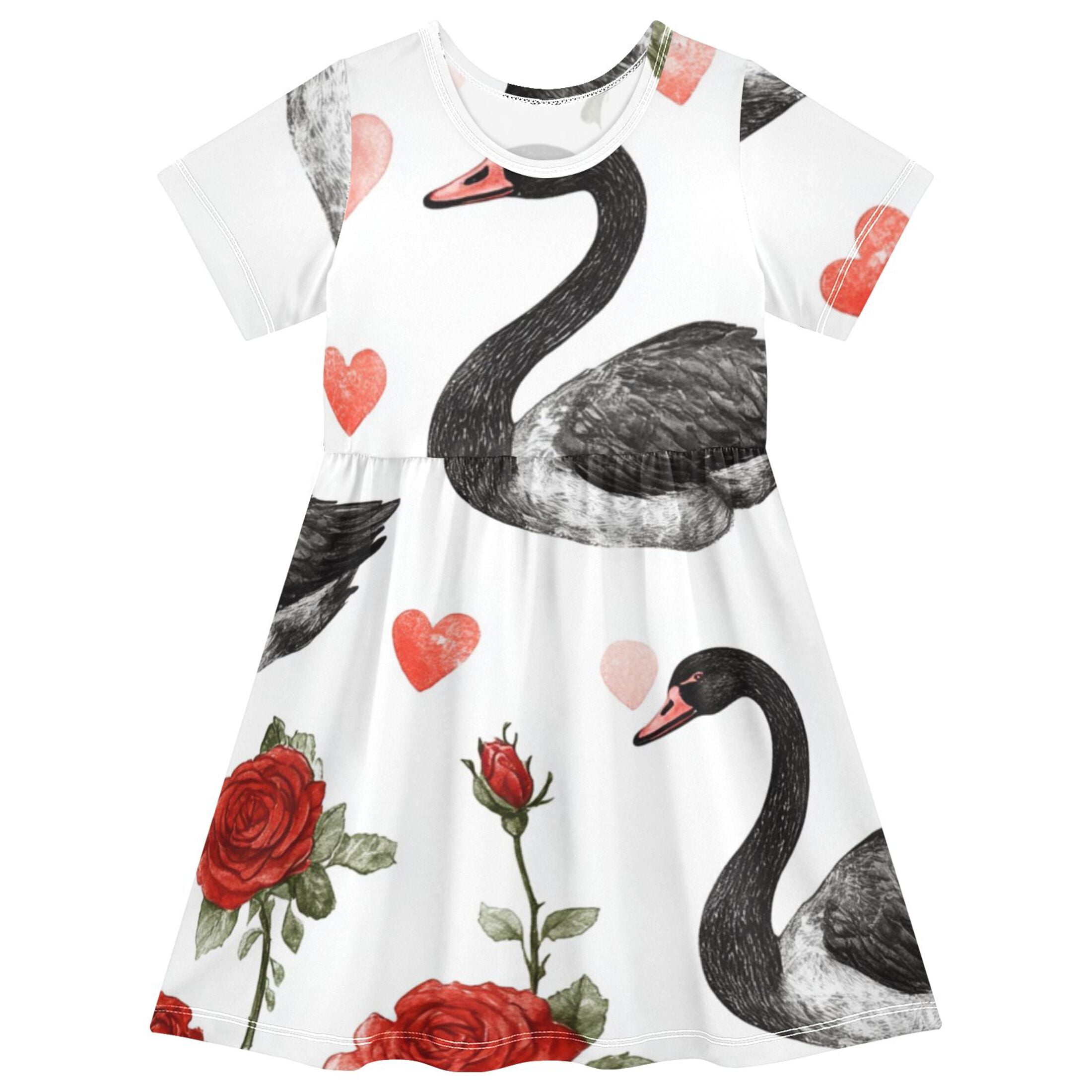 Black Swans Red Roses Hearts Valentine Girls' Short Sleeve Dress A-Line ...