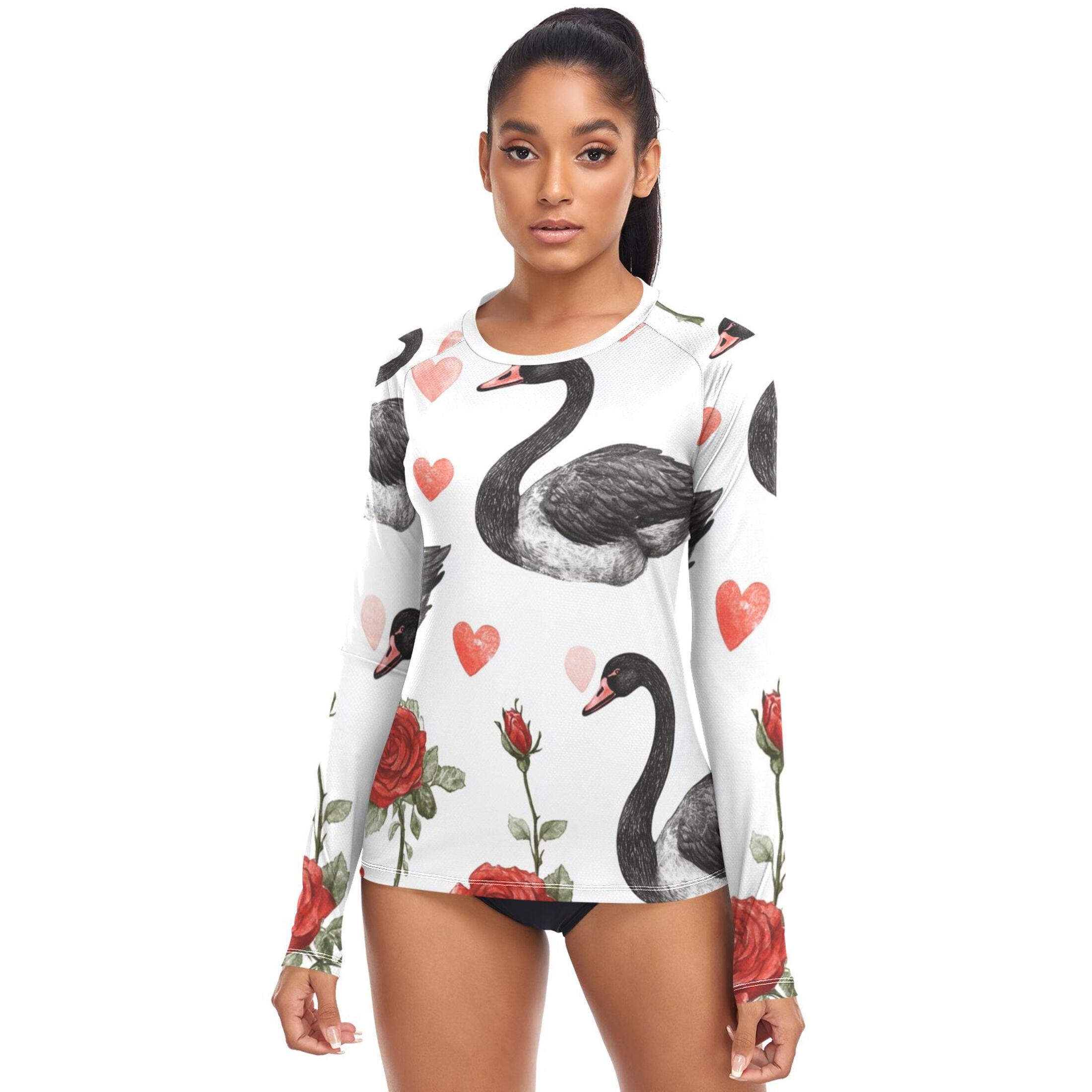 Black Swans Red Roses Hearts Valentine Women's Rash Guard Shirts UPF 50+ Sun Protection Clothing ...