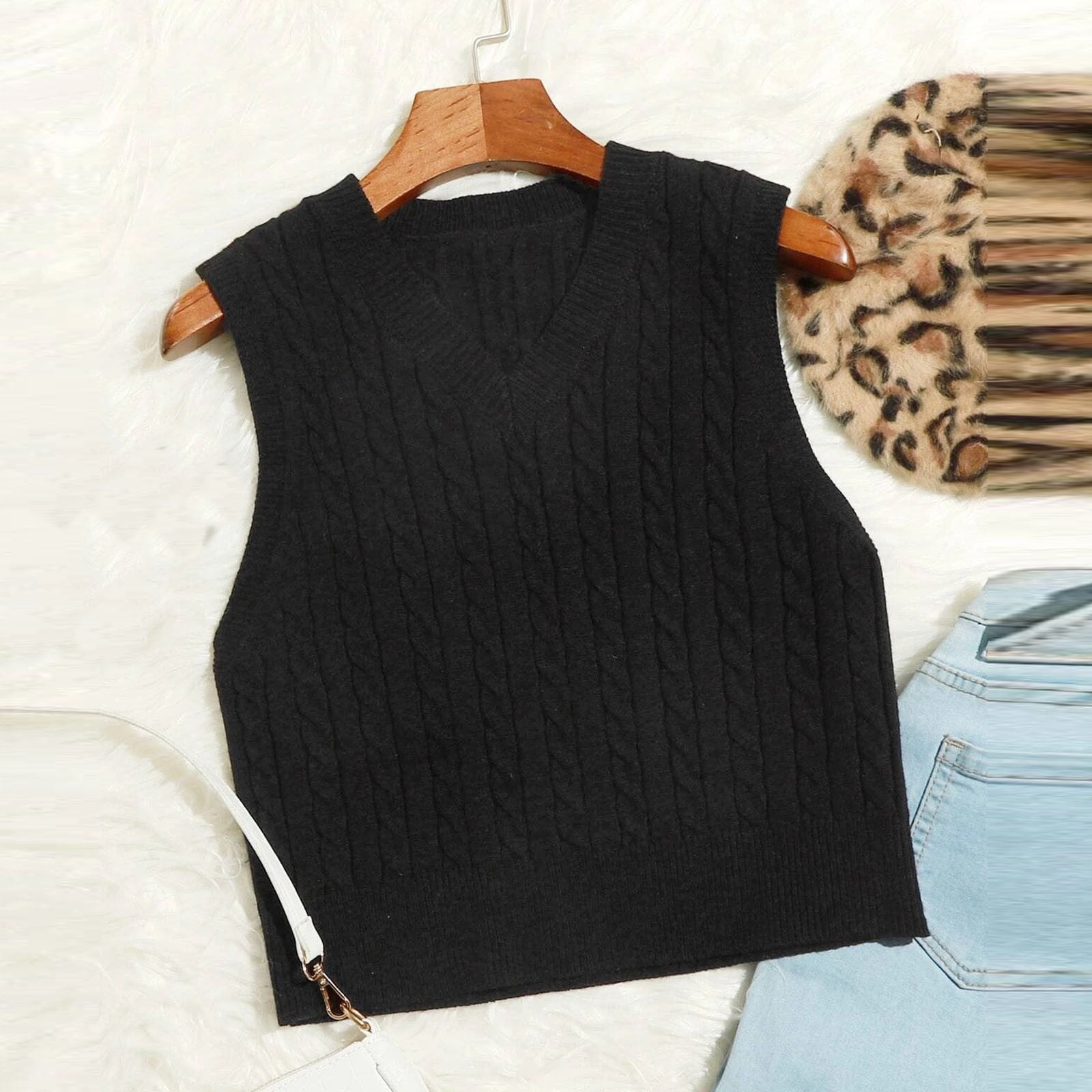 Black Sweater Vest Women Casual Print Sleeveless V Neck Ribbed Knit ...