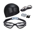 Black Swim Goggles with Nose Clip, Earplugs, Cap and Case for Men and ...