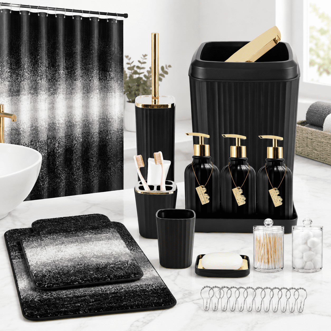 Black Swing-Top Bath Set+Shower Curtain+Rugs Plastic Bathroom Accessory ...