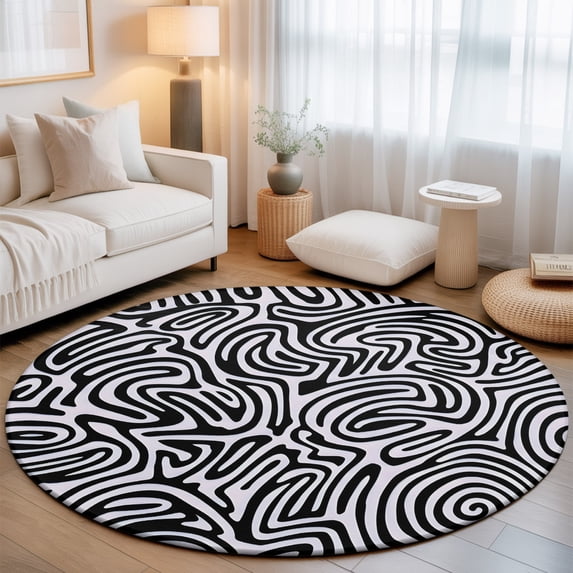 Black Swirling Lines 7' Round Rug for Living Room Conversation Area ...