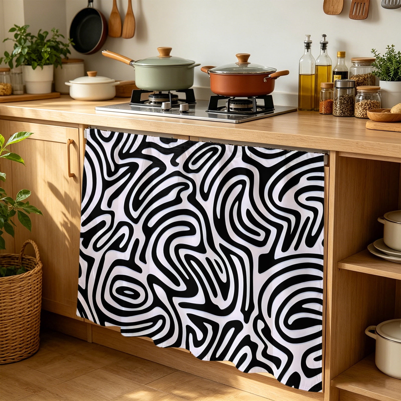 Black Swirling Lines Cabinet Curtains for Kitchen 35"W x 35"L, Curves ...