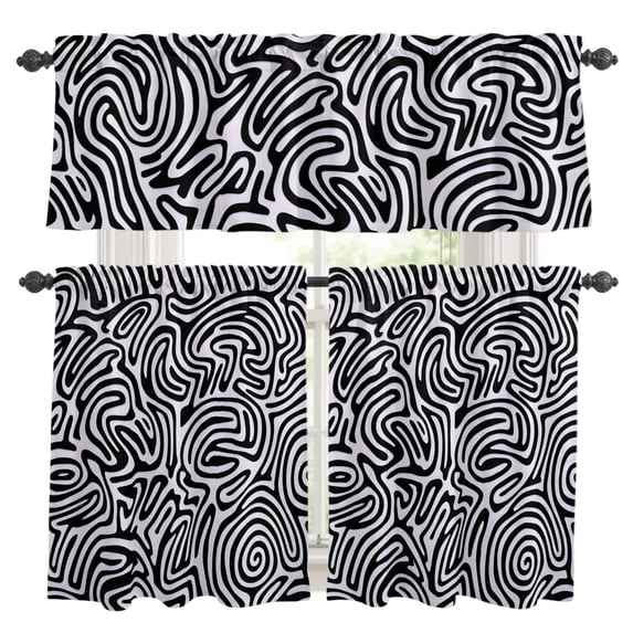 Black Swirling Lines Kitchen Curtains Valances 3 Piece Set, Curves ...