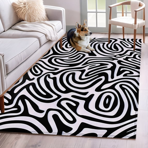 Black Swirling Lines Runner Rug Non Slip 2.7x5 Curves Waves Modern ...