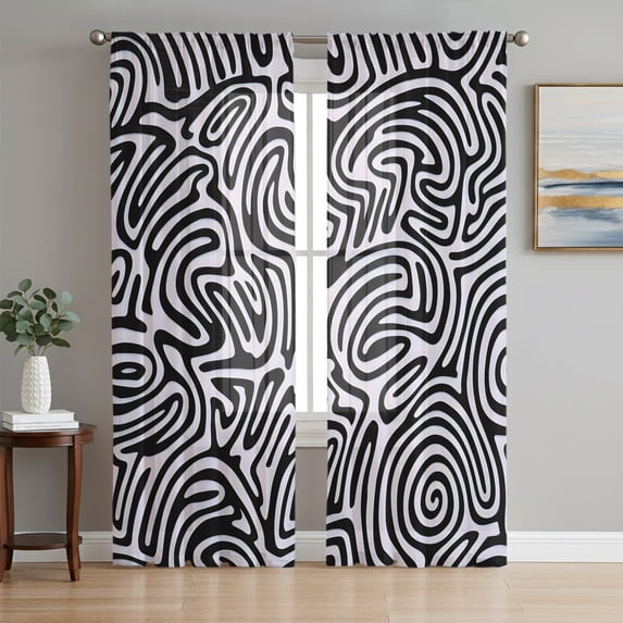 Black Swirling Lines Sheer Curtains for Living Room Bedroom, Curves ...