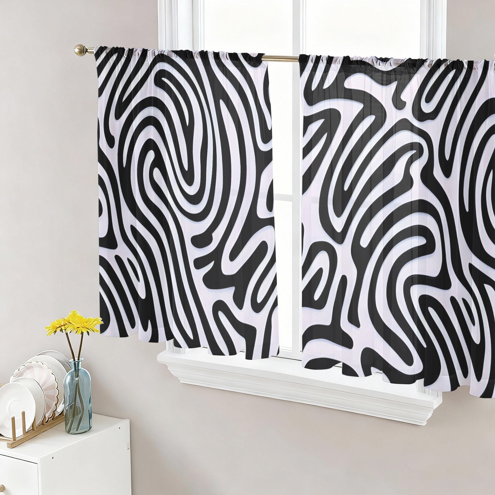 Black Swirling Lines Sheer Curtains for Living Room Bedroom, Curves ...