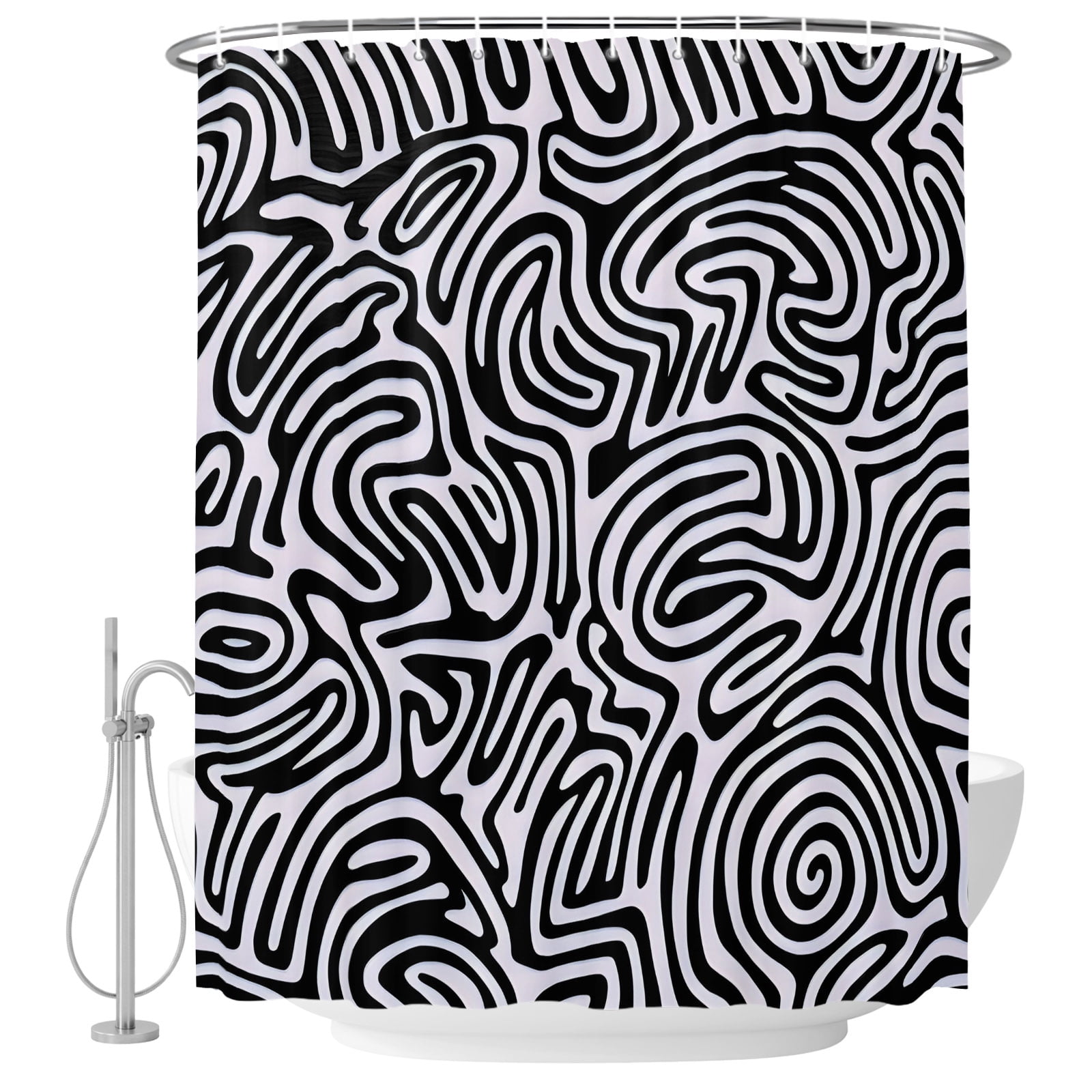 Black Swirling Lines Shower Curtain for Bathroom, Curves Waves Modern ...