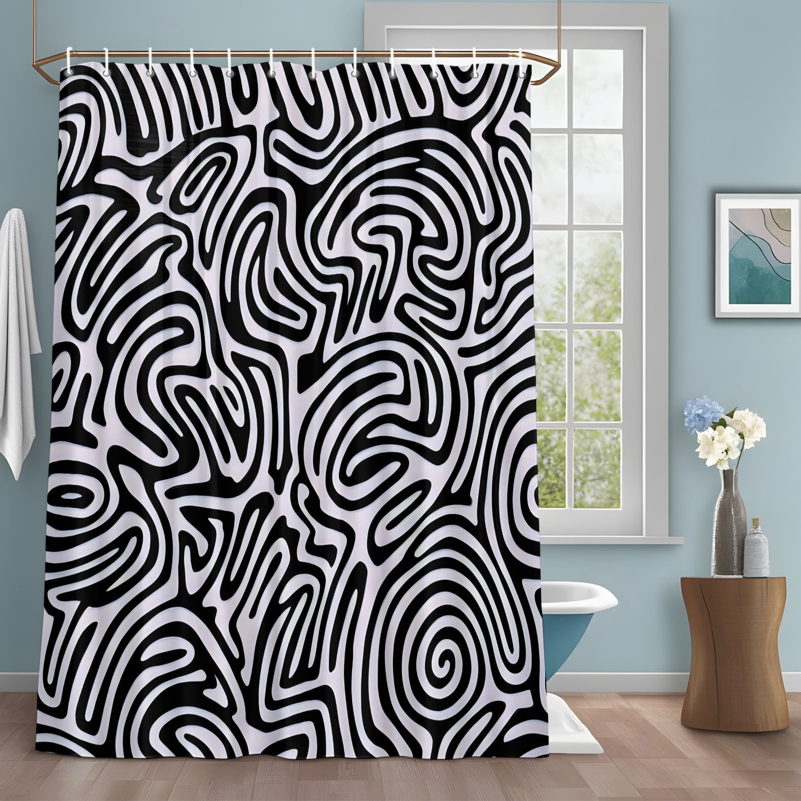 Black Swirling Lines Shower Curtain Set with Hooks, Curves Waves Modern ...