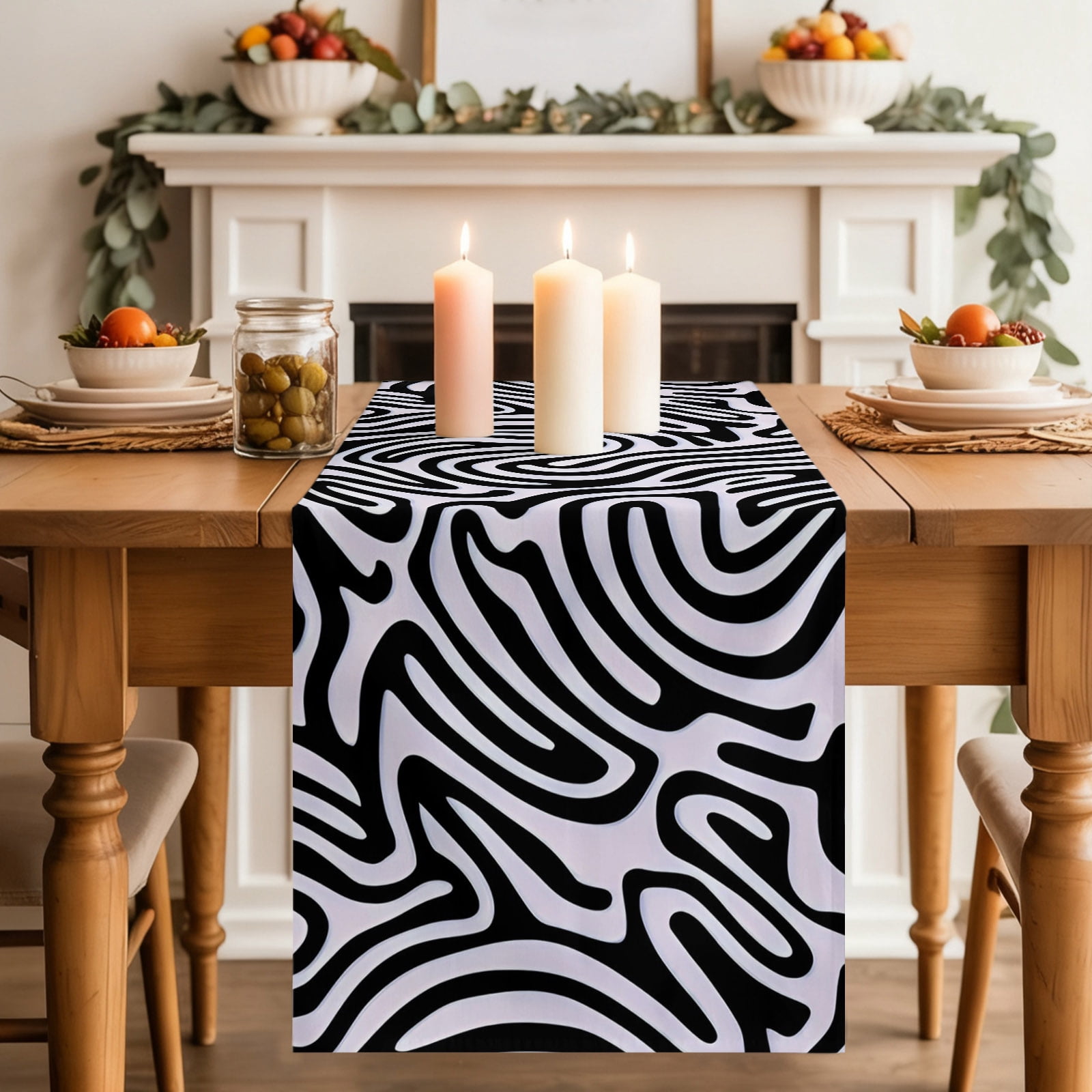 Black Swirling Lines Table Runner 13x60 Inch Curves Waves Modern ...