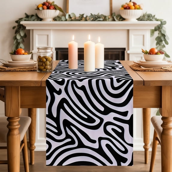 Black Swirling Lines Table Runner, Curves Waves Modern Abstract ...
