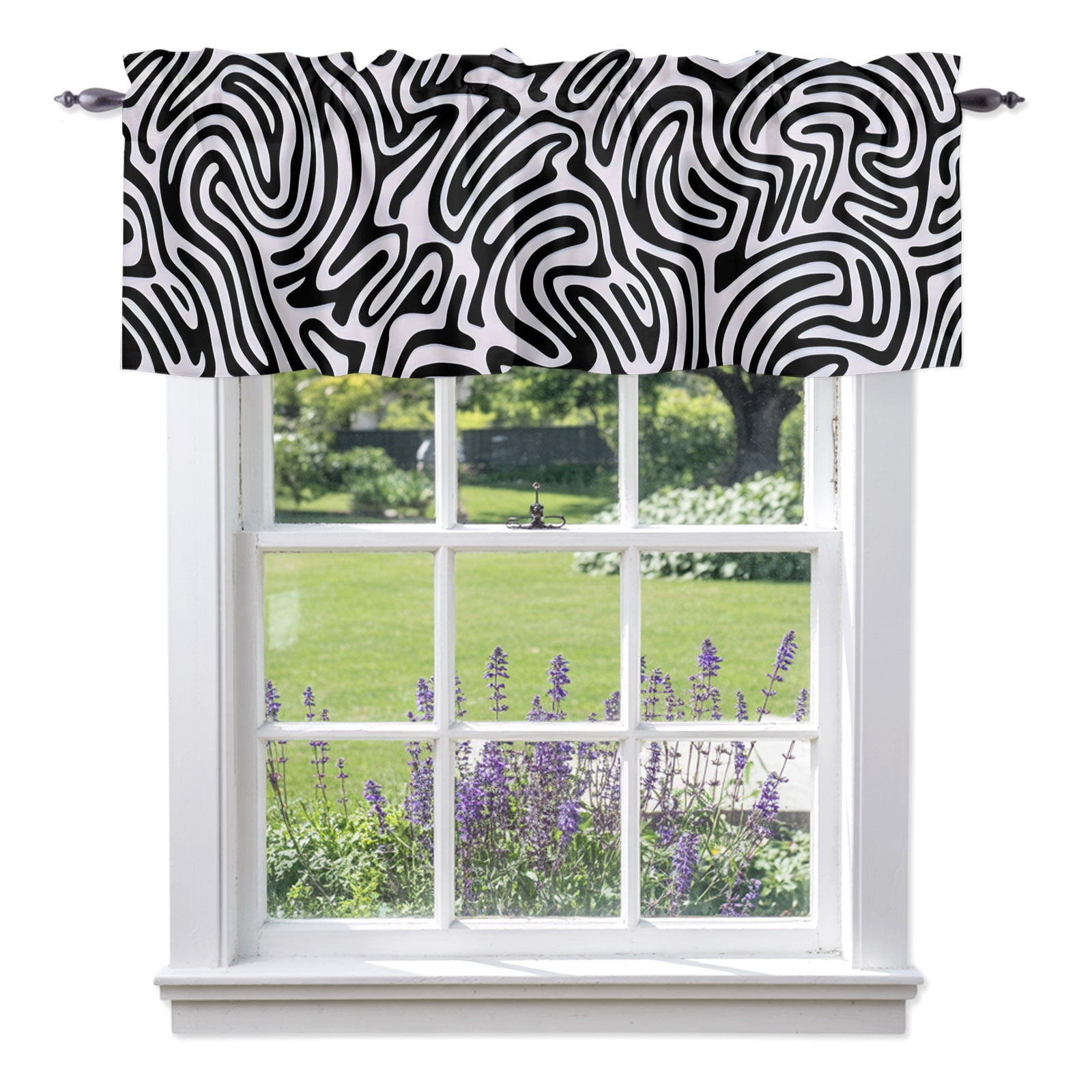 Black Swirling Lines Valance Curtains for Windows, Curves Waves Modern ...