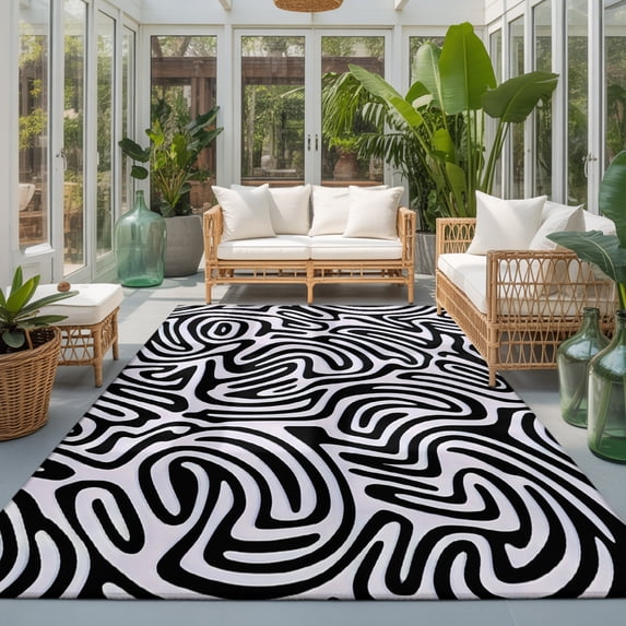 Black Swirling Lines Washable Living Room Rugs 5'x7', Curves Waves ...