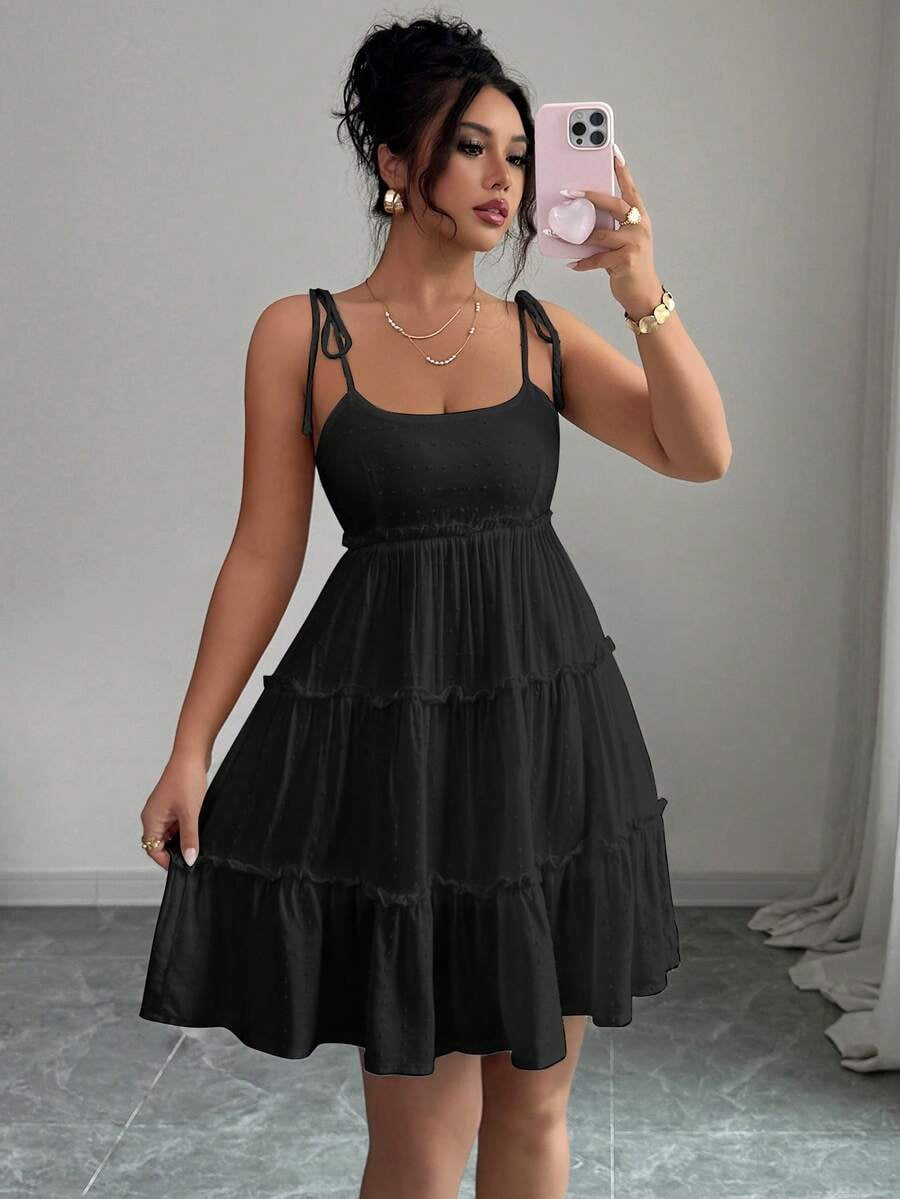 Black Swiss Dot Frill Trim Cami Dress For Women Vacation Beach Outfit ...