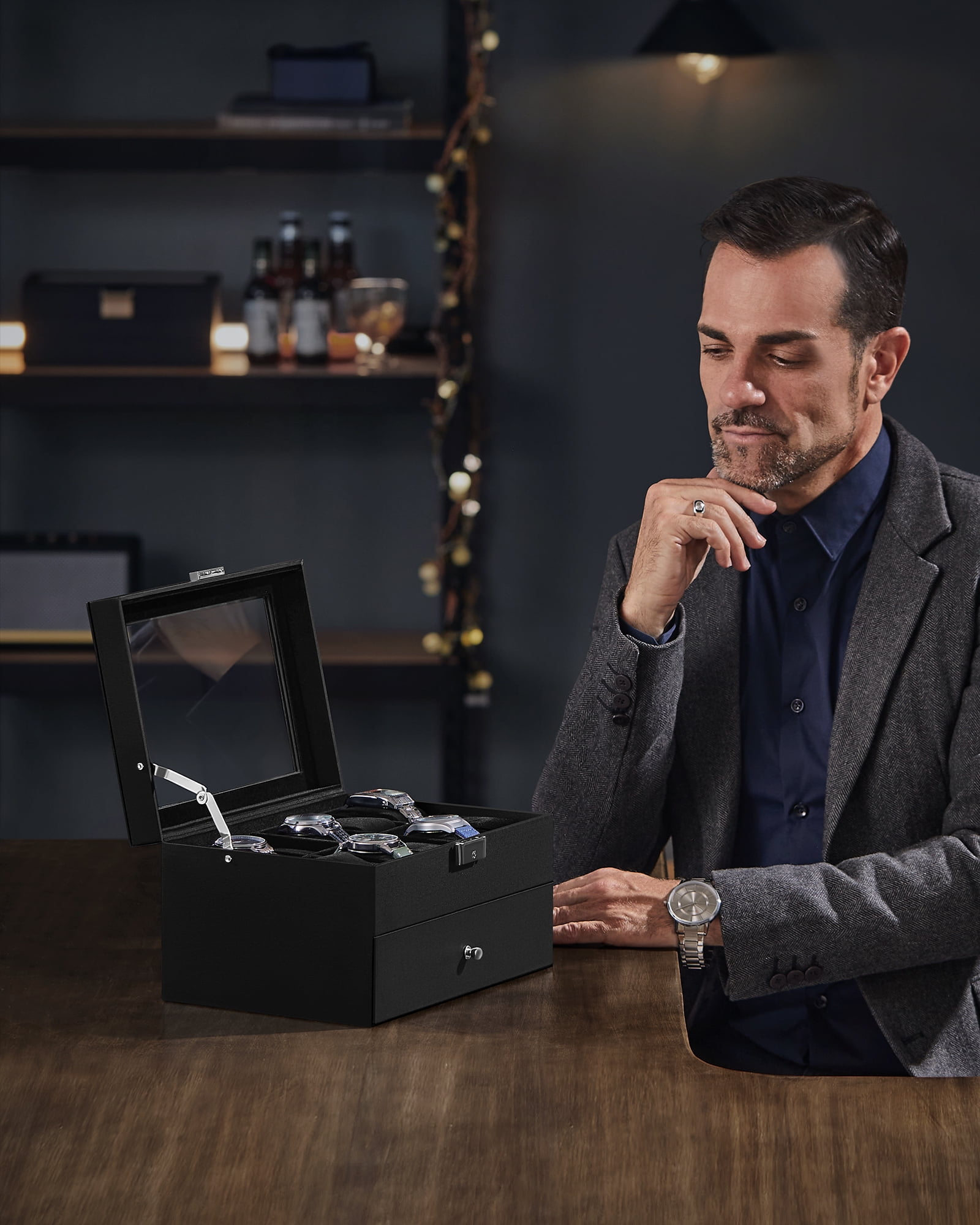 Black Synthetic Leather 20 - Slot Watch Box with Glass Lid. 2 - Layer ...