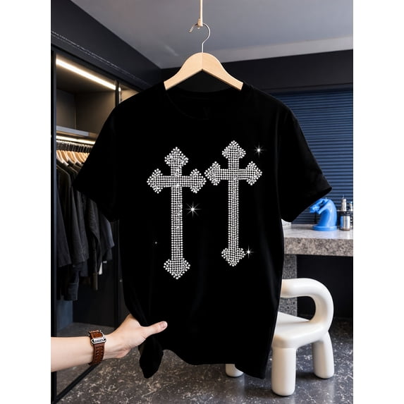 Black T-Shirt, Adorned with Sparkling Cross-Shaped Rhinestone Crystal ...