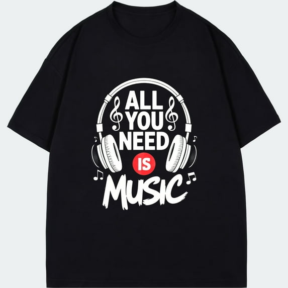 Black T Shirt All You Need Is Music Headphones And Notes Print Casual ...