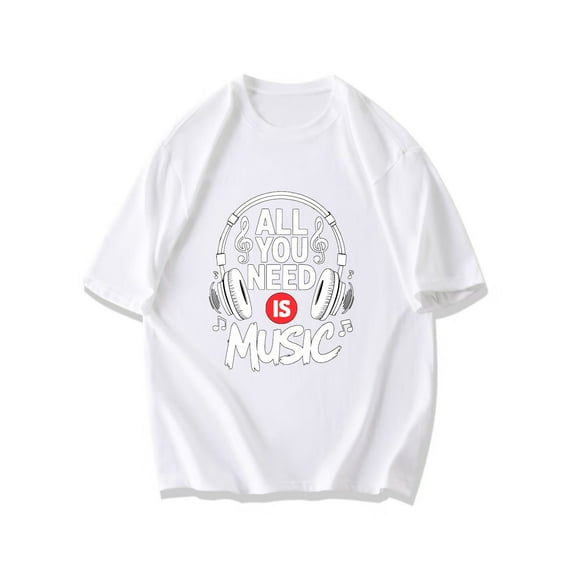 Black T Shirt All You Need Is Music Headphones And Notes Print Casual ...