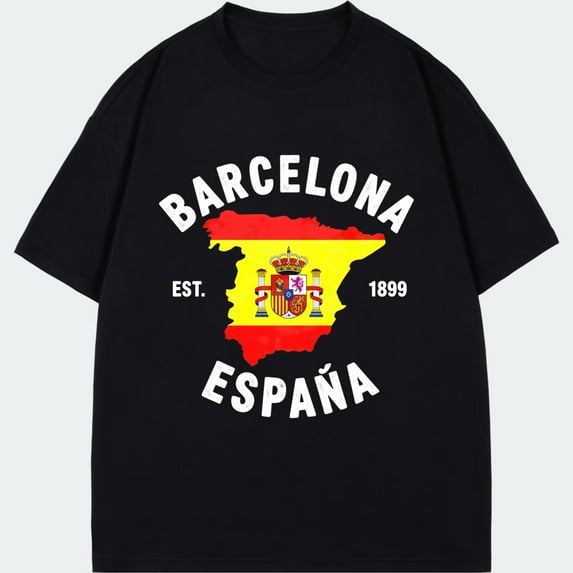 Black T Shirt Barcelona Spain Flag Map Print Est 1899 Casual Wear For ...