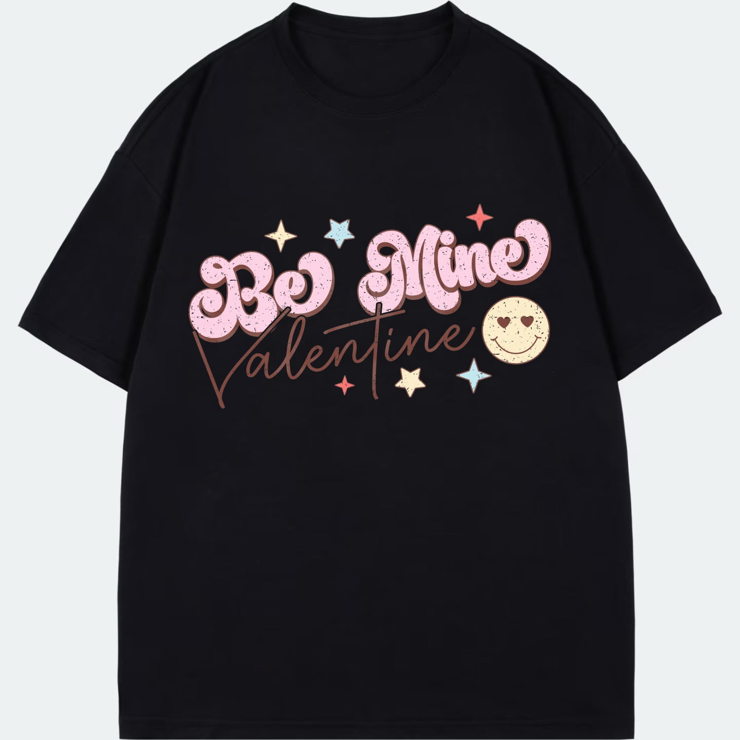 Black T Shirt Be Mine Valentine With Stars And Smile Face Print For ...