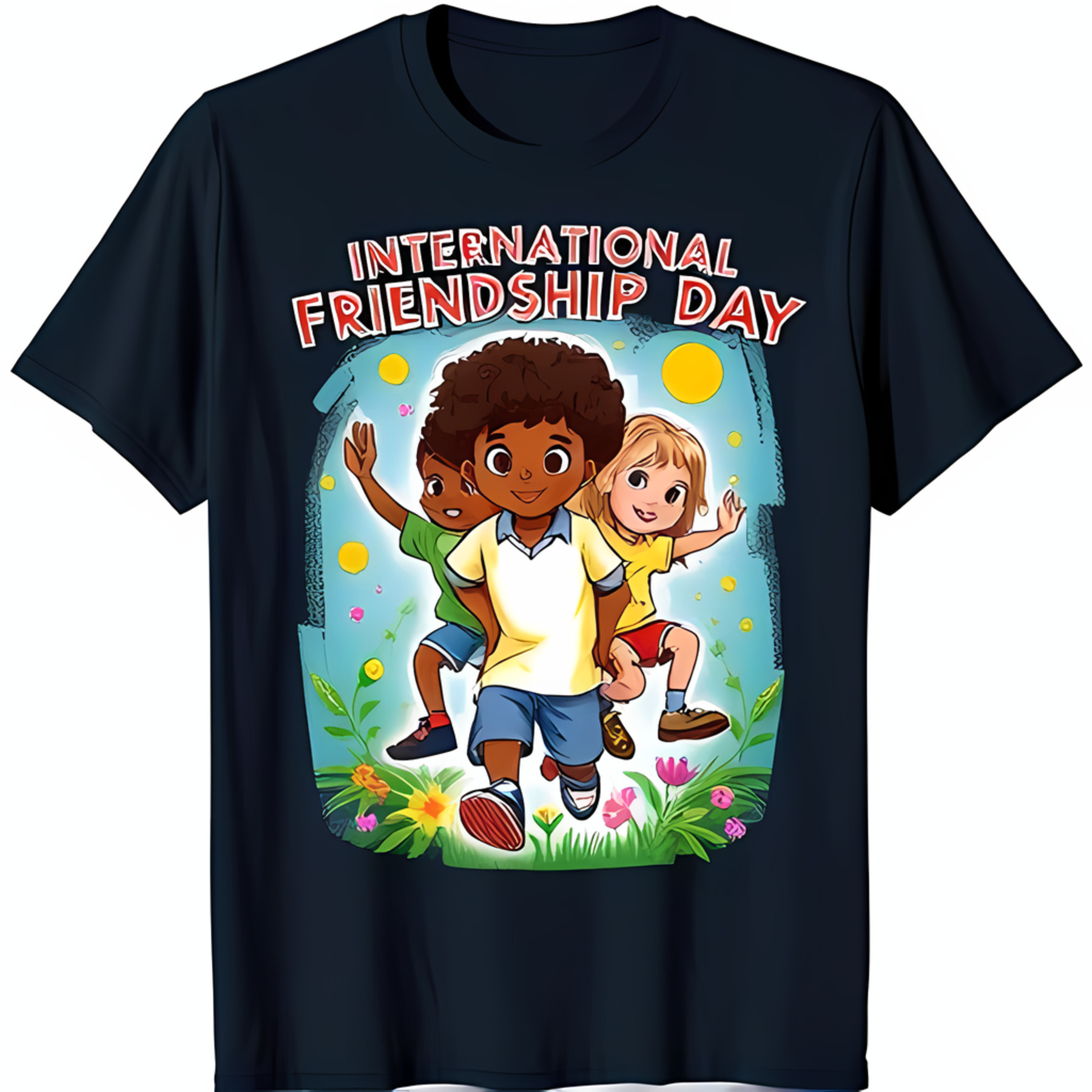 Black T-Shirt Celebrating Friendship Day with Diverse Holding Hands in ...