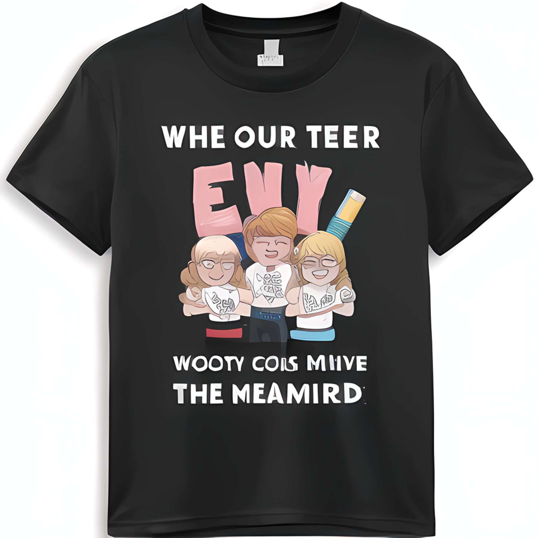 Black T-Shirt: Cute Cartoon Style Design of Three Girls Doing Hair with ...