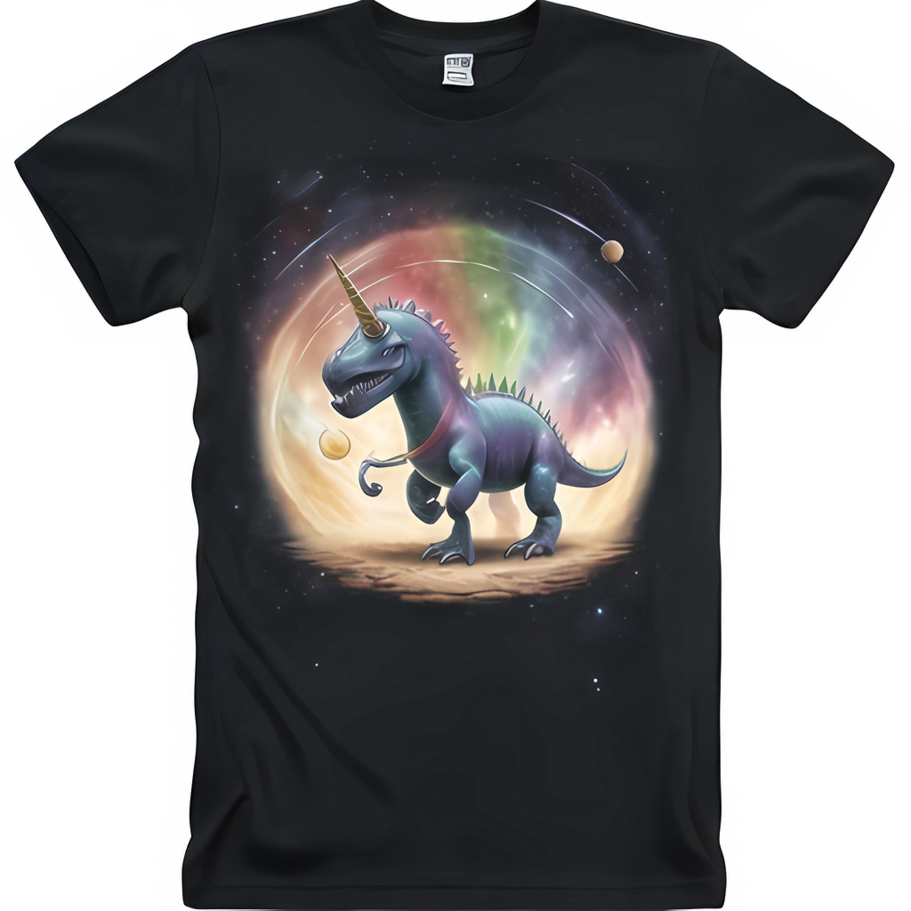 Black T-Shirt: Dinosaur & Rainbow Space Design Cute & Colorful Detailed ...