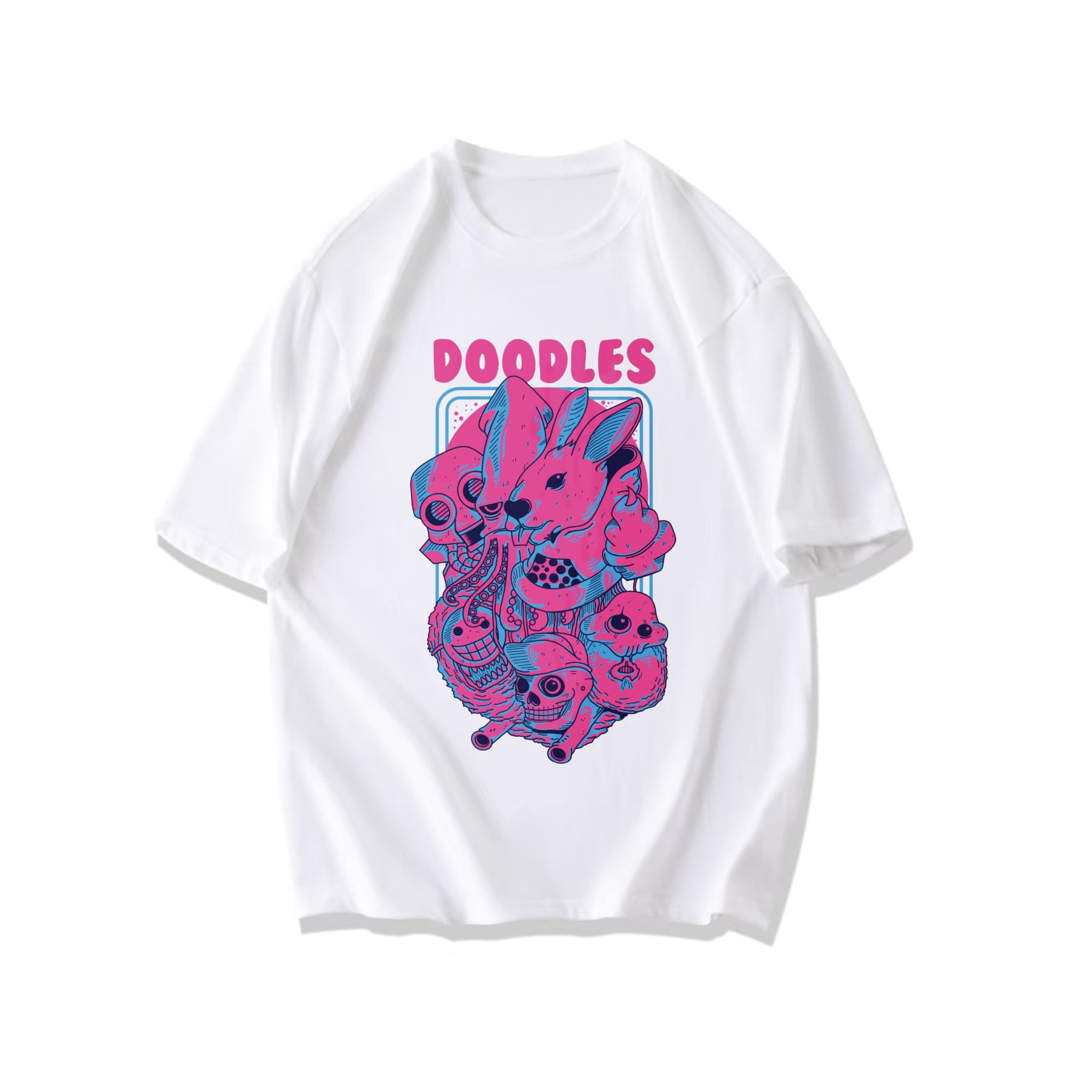 Black T Shirt Doodles Pink And Blue Rabbit With Skulls And Octopus ...