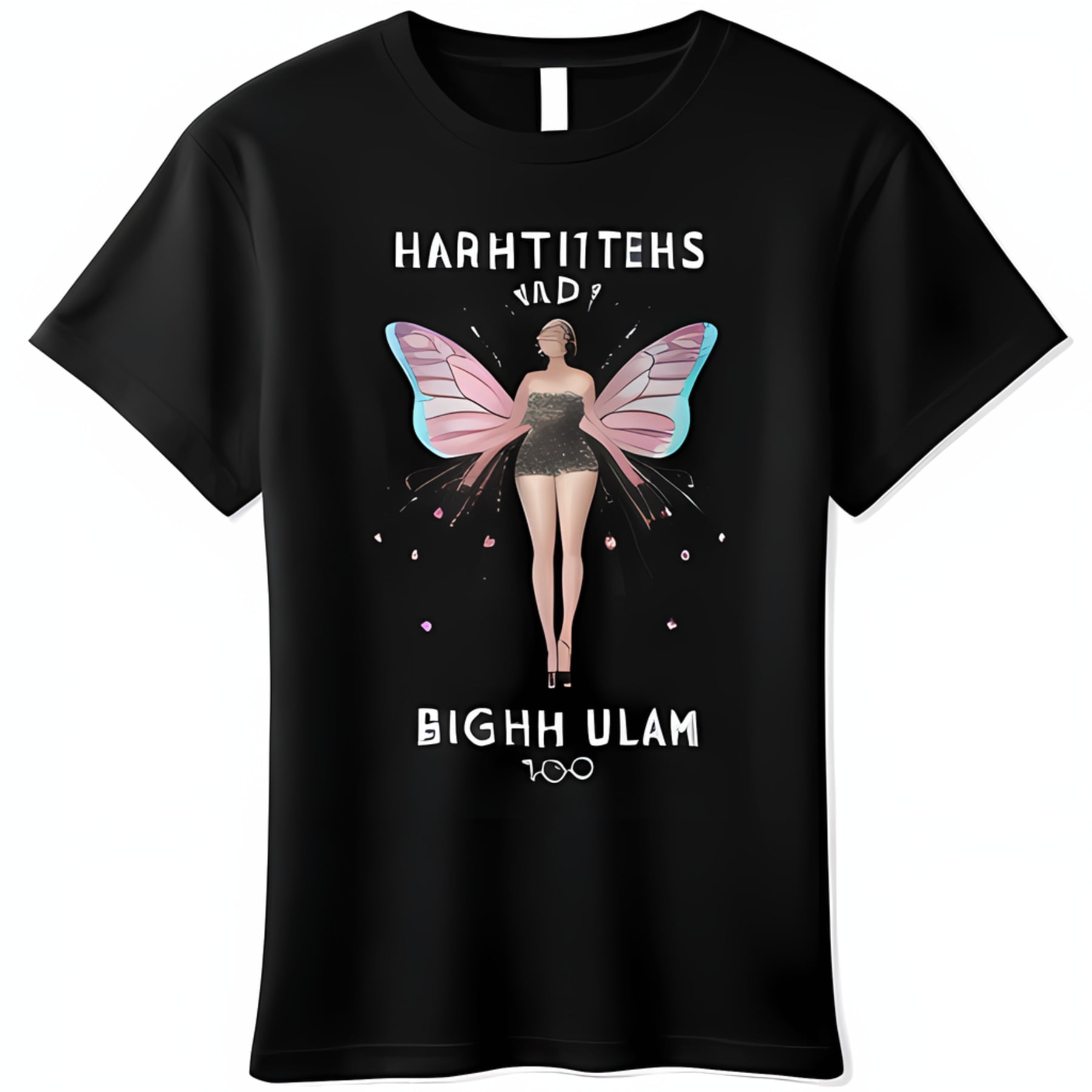 Black T-Shirt: Fairy Text Design with Sparkly Minidress Woman and ...